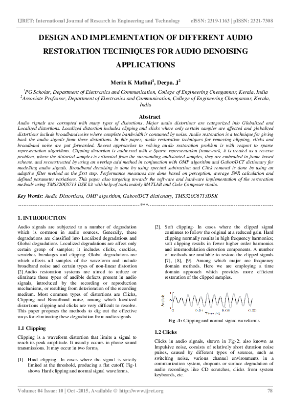 (PDF) DESIGN AND IMPLEMENTATION OF DIFFERENT AUDIO RESTORATION TECHNIQUES FOR AUDIO DENOISING ...