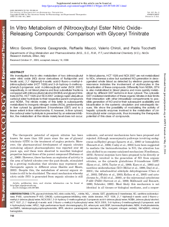(PDF) In Vitro Metabolism of (Nitrooxy)butyl Ester Nitric Oxide-Releasing Compounds: Comparison ...