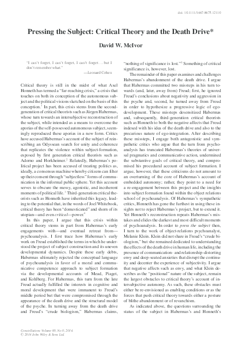(PDF) Pressing the Subject: Critical Theory and the Death Drive