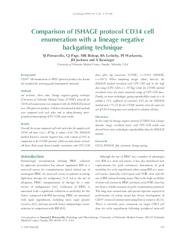 (PDF) Comparison of ISHAGE Protocol CD34 Cell Enumeration with a ...