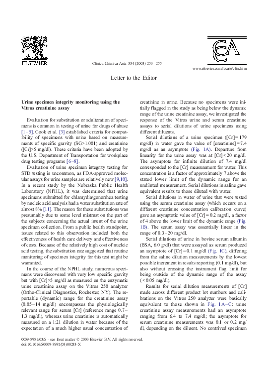 (PDF) Urine specimen integrity monitoring using the Vitros creatinine assay