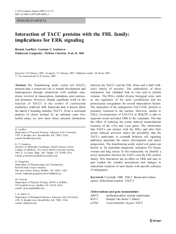 (PDF) Interaction of TACC proteins with the FHL family: implications ...