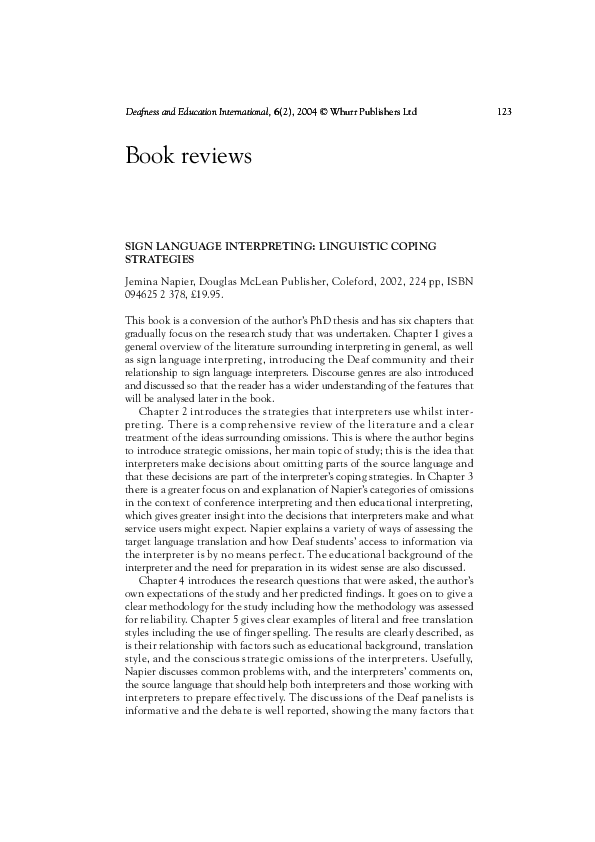(PDF) Sign language interpreting: Linguistic coping strategies. Jemina ...