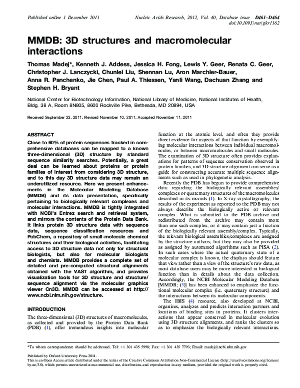 (PDF) MMDB: 3D structures and macromolecular interactions