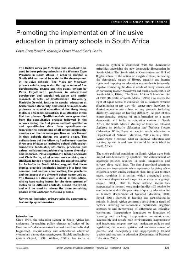 (PDF) Promoting the implementation of inclusive education in primary schools in South Africa