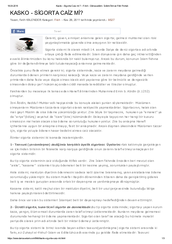 (PDF) KASKO -SİGORTA CAİZ Mİ / Faith Kalender Hoca