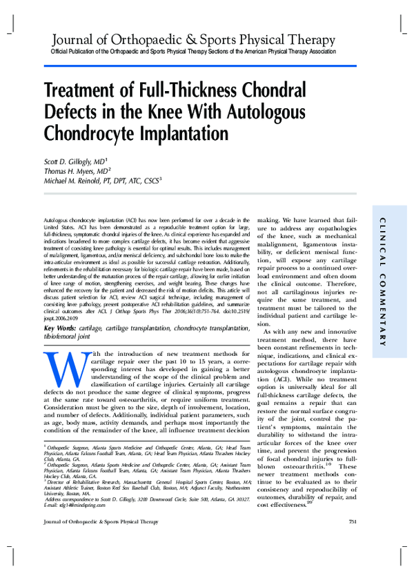 (PDF) Treatment of Full-Thickness Chondral Defects in the Knee With ...