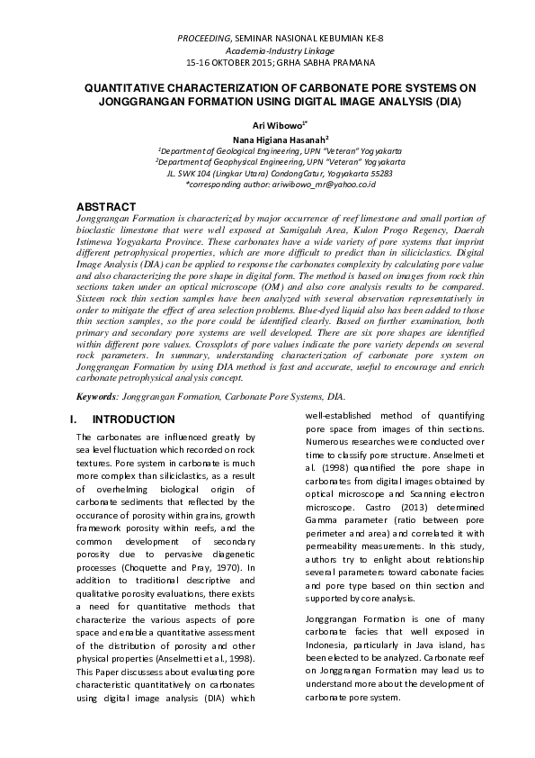 Pdf Quantitative Characterization Of Carbonate Pore Systems On Jonggrangan Formation Using