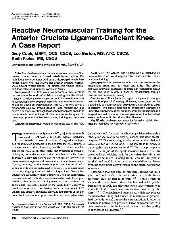 (PDF) Reactive Neuromuscular Training for the Anterior Cruciate ...