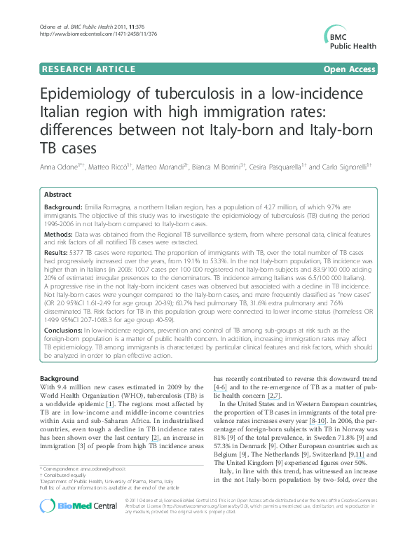(PDF) Epidemiology of tuberculosis in a low-incidence Italian region ...