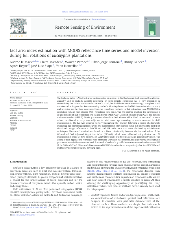 Pdf Leaf Area Index Estimation With Modis Reflectance Time Series And Model Inversion During