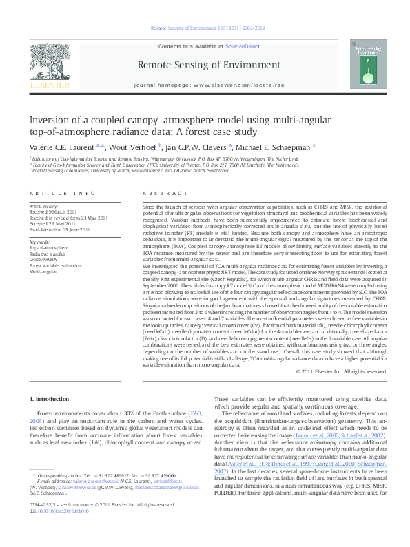 Pdf Inversion Of A Coupled Canopy Atmosphere Model Using Multi Angular Top Of Atmosphere