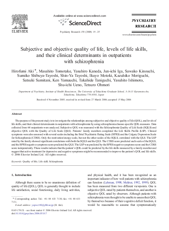 (PDF) Subjective and objective quality of life, levels of life skills ...