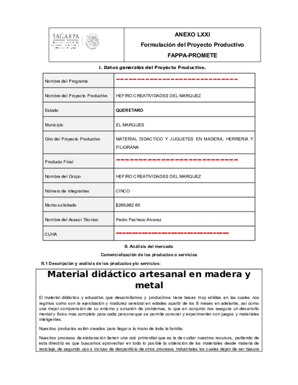 (DOC) ANEXO LXXI Formulación del Proyecto Productivo FAPPA-PROMETE