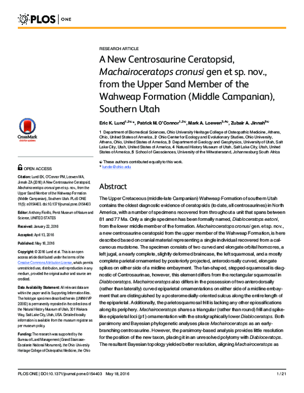 (PDF) A New Centrosaurine Ceratopsid, Machairoceratops cronusi gen et ...
