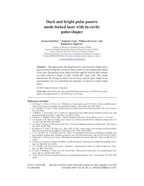 (PDF) Dark and bright pulse passive mode-locked laser with in-cavity pulse-shaper