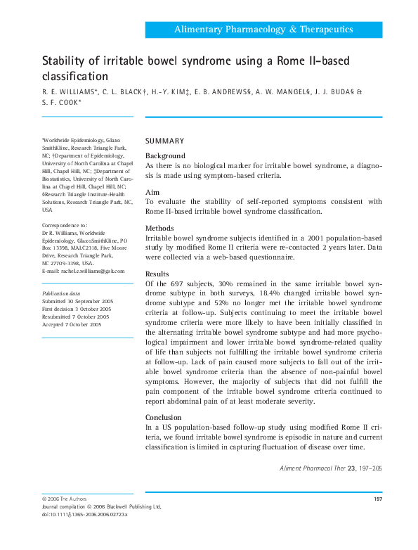 (PDF) Stability of irritable bowel syndrome using a Rome II-based ...