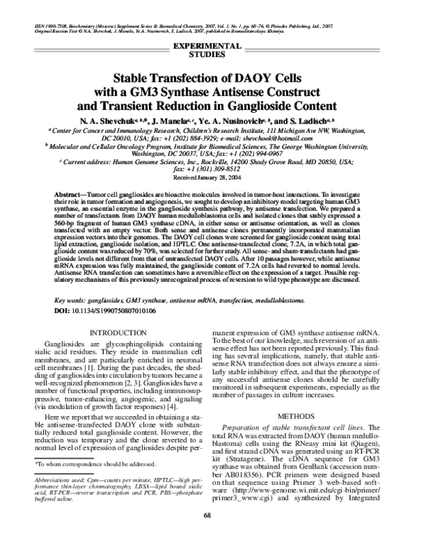(PDF) [Stable transfection of DAOY cells with a GM3 synthase antisense ...