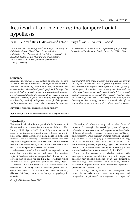 (PDF) Retrieval of old memories: the temporofrontal hypothesis