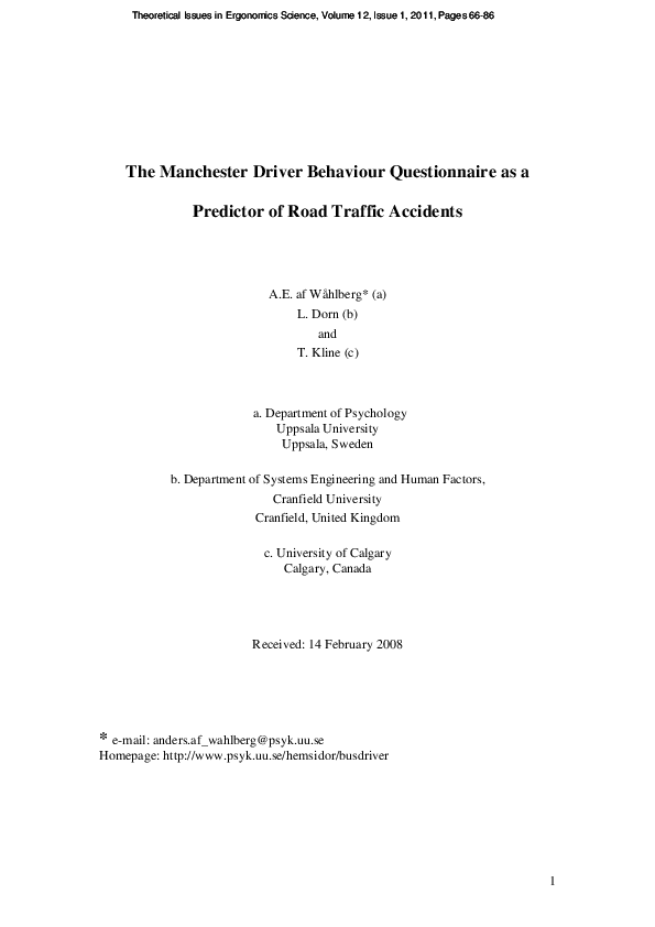 (PDF) The Manchester Driver Behaviour Questionnaire as a predictor of ...