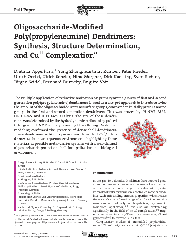 (PDF) Oligosaccharide-Modified Poly(propyleneimine) Dendrimers: Synthesis, Structure ...