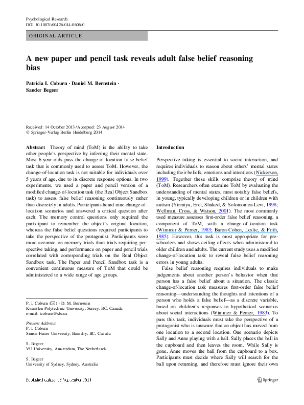 (PDF) A new paper and pencil task reveals adult false belief reasoning bias