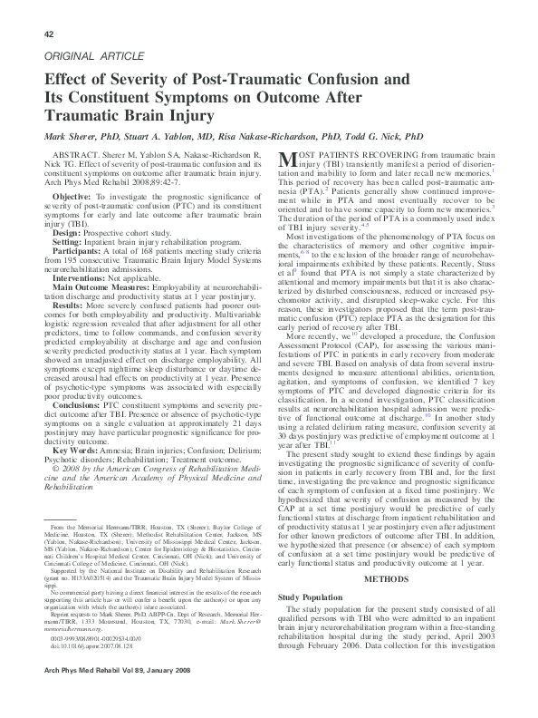 (PDF) Effect of Severity of Post-Traumatic Confusion and Its ...