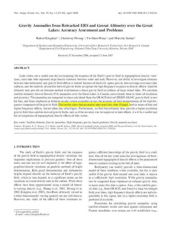 (PDF) Gravity Anomalies from Retracked ERS and Geosat Altimetry over the Great Lakes: Accuracy ...