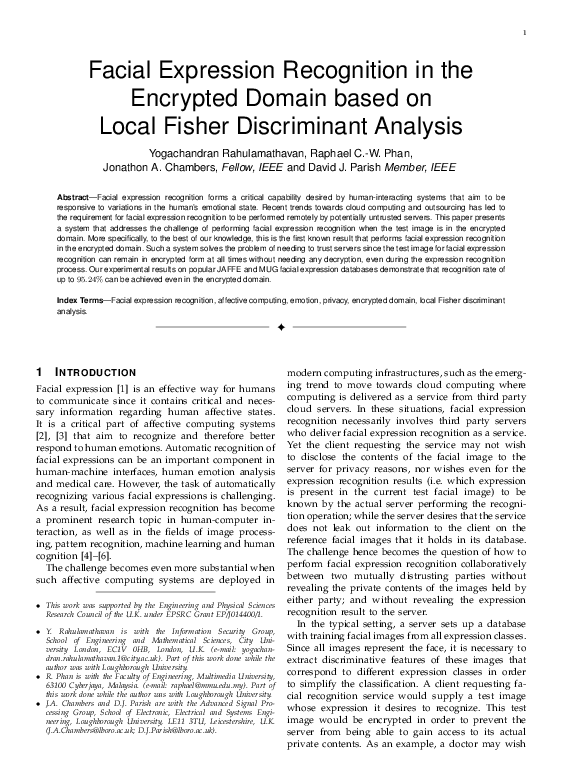 (PDF) Facial Expression Recognition in the Encrypted Domain Based on Local Fisher Discriminant ...