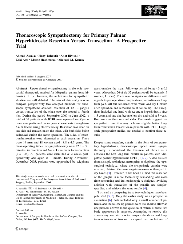 (PDF) Thoracoscopic Sympathectomy for Primary Palmar Hyperhidrosis ...