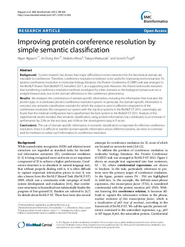 (PDF) Improving protein coreference resolution by simple semantic classification