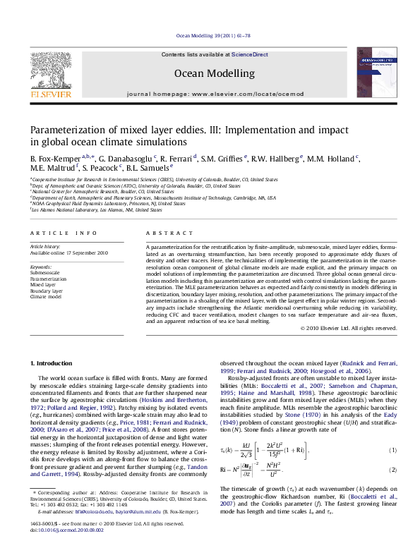 Pdf Parameterization Of Mixed Layer Eddies Iii Implementation And
