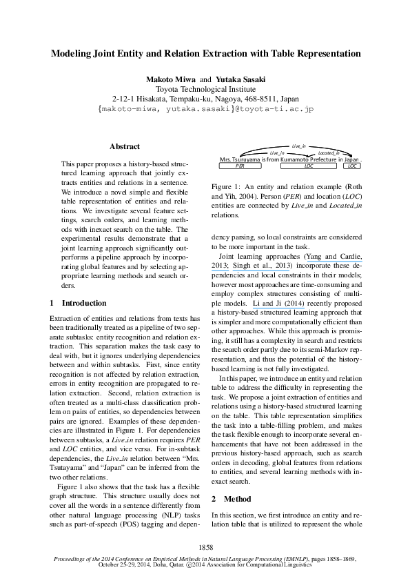 Pdf Modeling Joint Entity And Relation Extraction With Table Representation