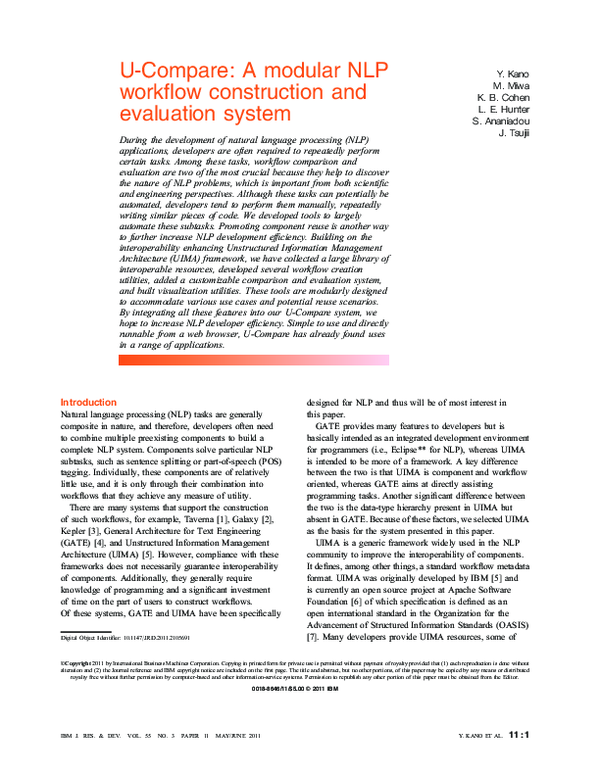 Pdf U Compare A Modular Nlp Workflow Construction And Evaluation System Makoto Miwa
