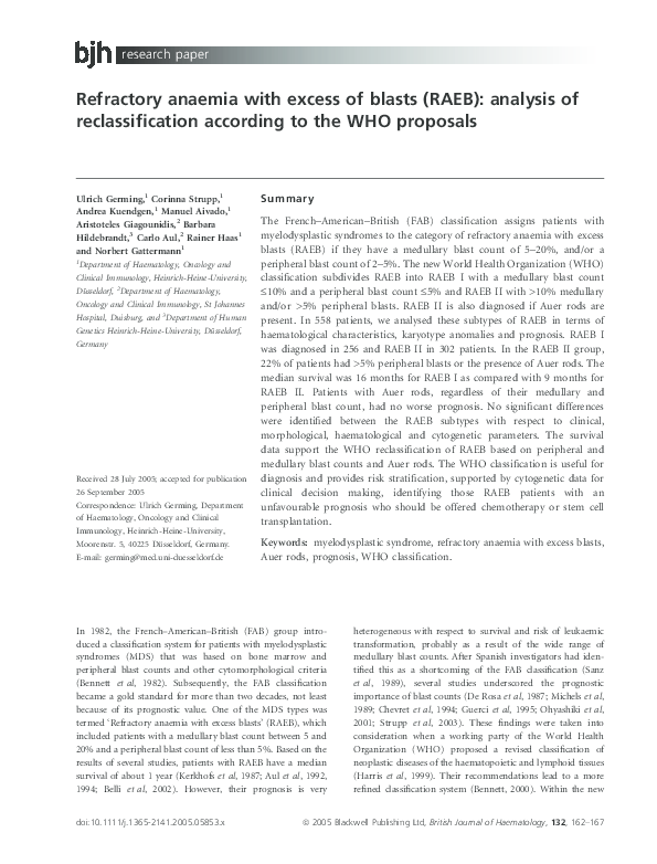 (PDF) Refractory anaemia with excess of blasts (RAEB): analysis of ...