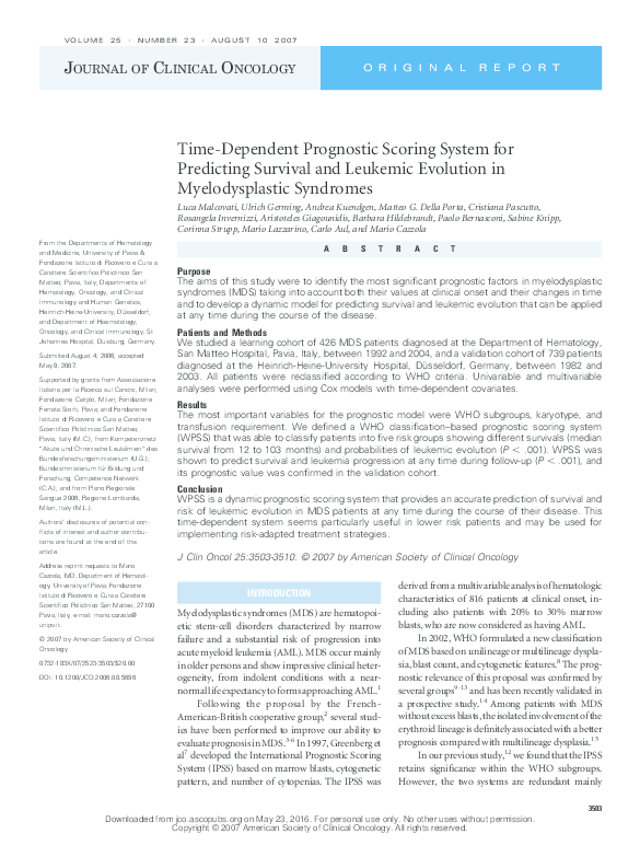 (PDF) Time-Dependent Prognostic Scoring System for Predicting Survival and Leukemic Evolution in ...