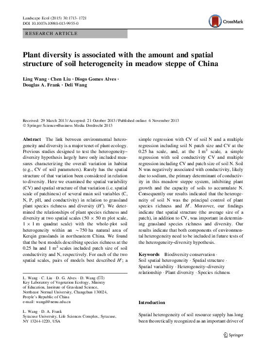 (PDF) Plant diversity is associated with the amount and spatial structure of soil heterogeneity ...