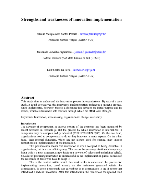 (DOC) Strengths and Weaknesses of Innovation Implementation