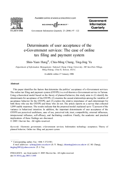 (PDF) Determinants of user acceptance of the e-Government services: The case of online tax ...