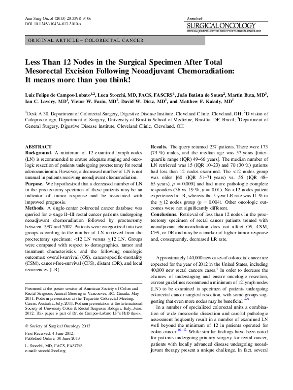 (PDF) Less Than 12 Nodes in the Surgical Specimen After Total ...