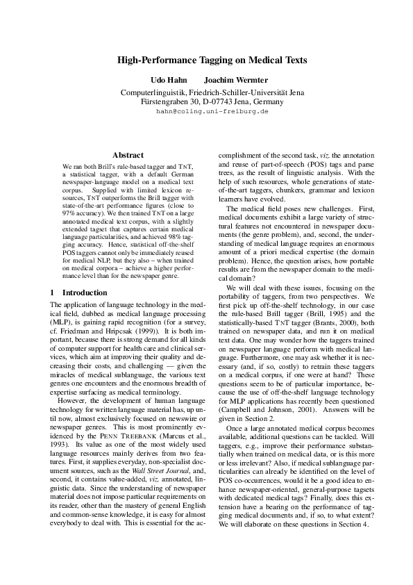 (PDF) High-Performance Tagging on Medical Texts | Udo Hahn - Academia.edu