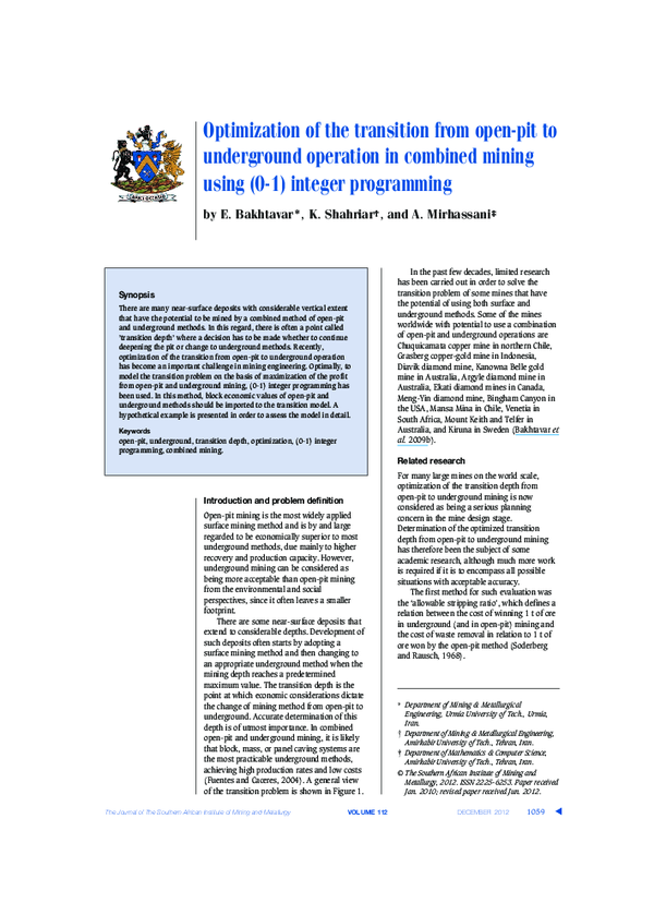 Pdf Optimization Of The Transition From Open Pit To Underground Operation In Combined Mining