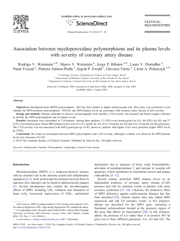 (PDF) Association between myeloperoxidase polymorphisms and its plasma levels with severity of ...