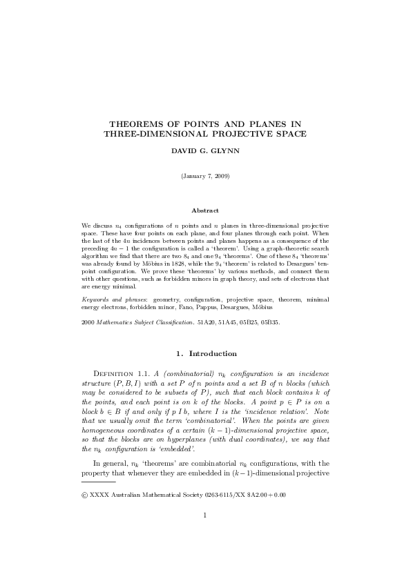 (PDF) Theorems of Points and Planes in Three-Dimensional Projective Space