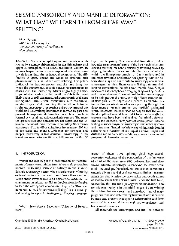 (PDF) Seismic anisotropy and mantle deformation: what have we learned from shear wave splitting