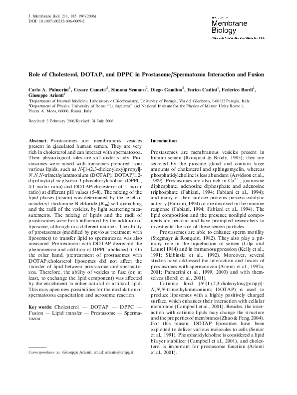 (PDF) Role of Cholesterol, DOTAP, and DPPC in Prostasome/Spermatozoa ...