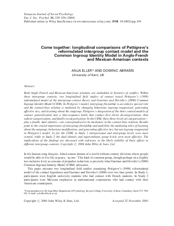 (PDF) Come together: longitudinal comparisons of Pettigrew's ...
