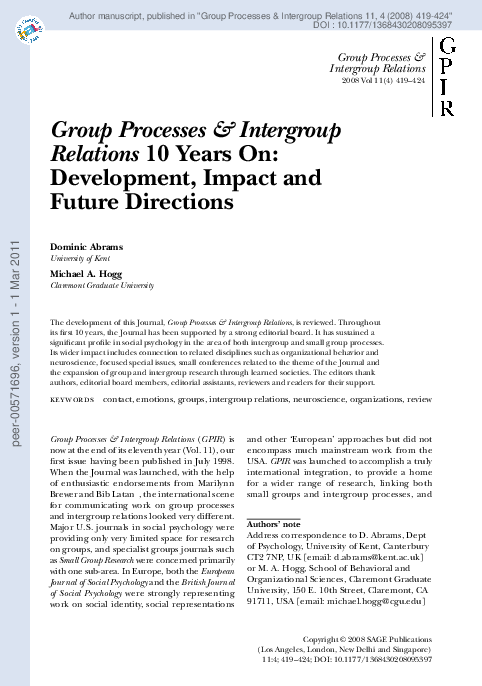 (PDF) Group Processes & Intergroup Relations 10 Years On: Development, Impact and Future Directions