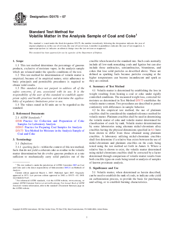 (PDF) Standard Test Method for Volatile Matter in the Analysis Sample ...