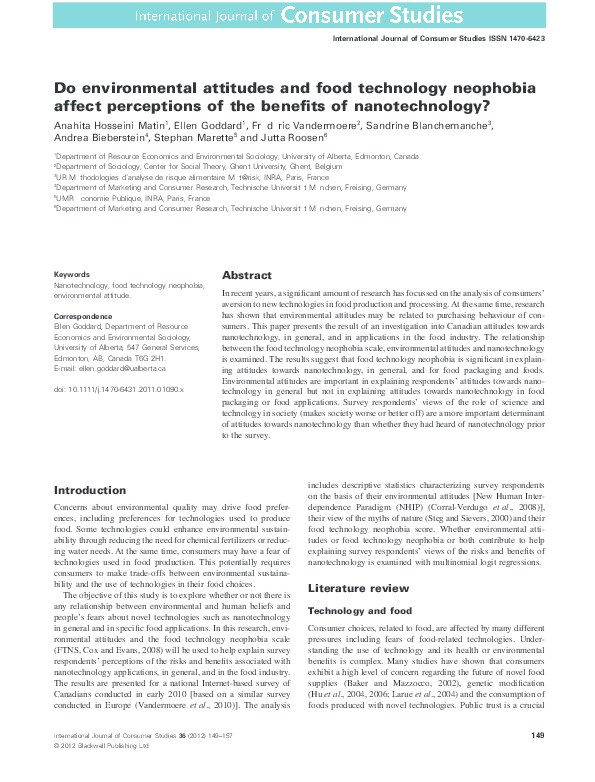 (PDF) Do environmental attitudes and food technology neophobia affect perceptions of the ...
